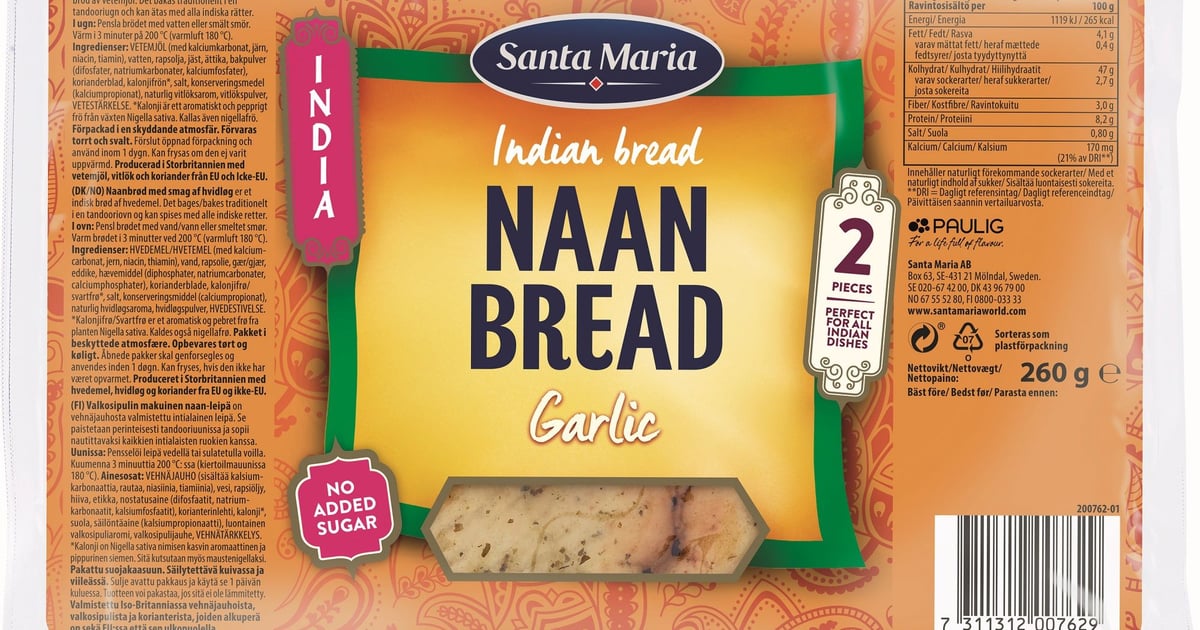 Santa Maria Naan indický chléb česnek, 2 ks