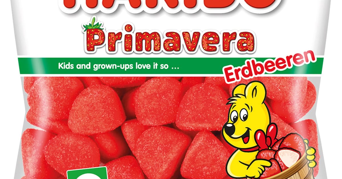 Haribo Primavera Erdbeeren Bonbóny ve tvaru jahod s marshmallow příchutí